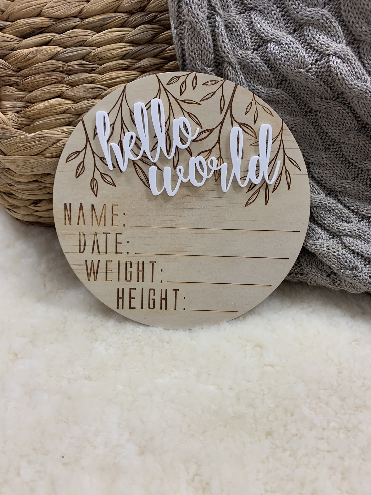 Wooden + Acrylic "Hello World' Birth Announcement Disc